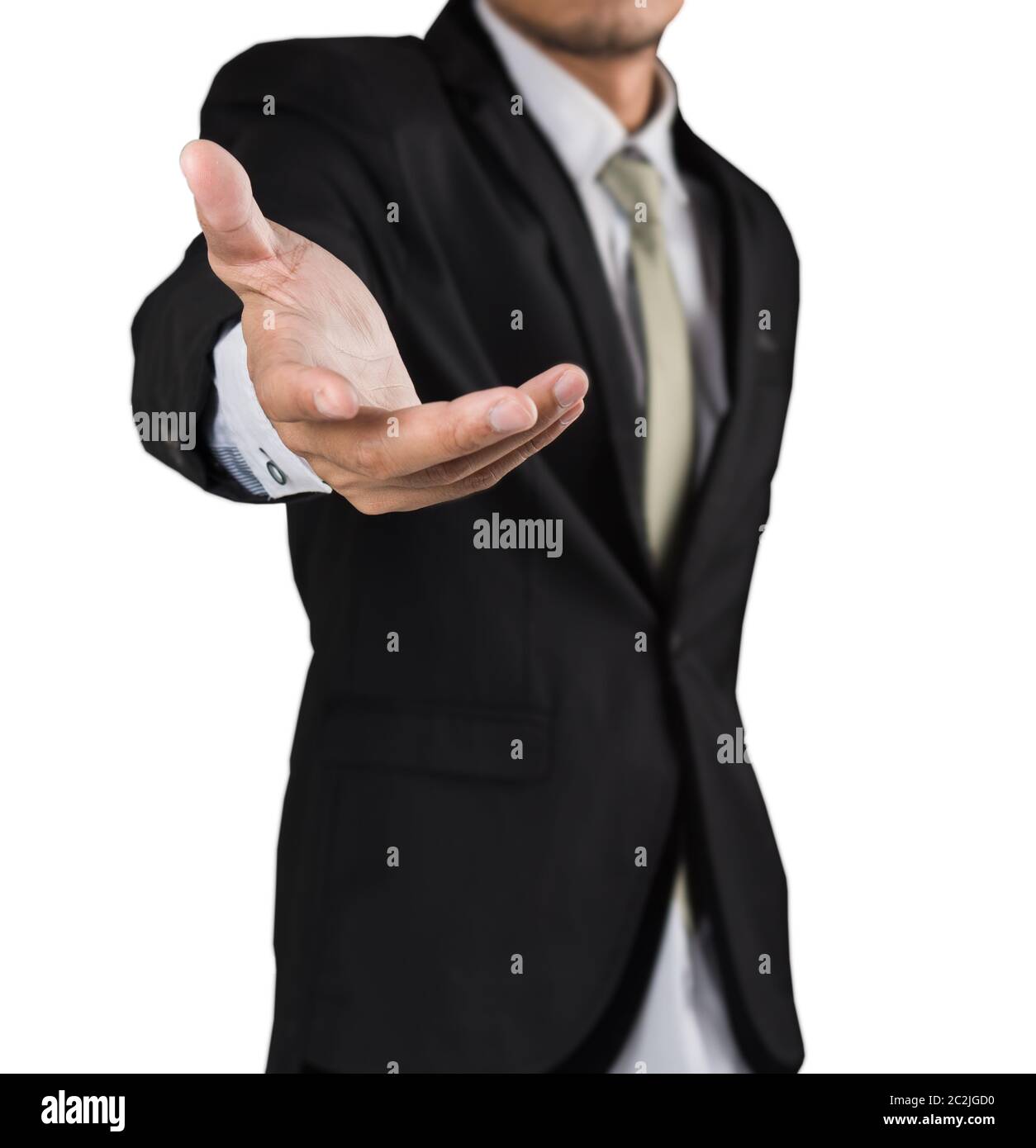 Businessman holding open hand, giving showing concept isolate on white ...