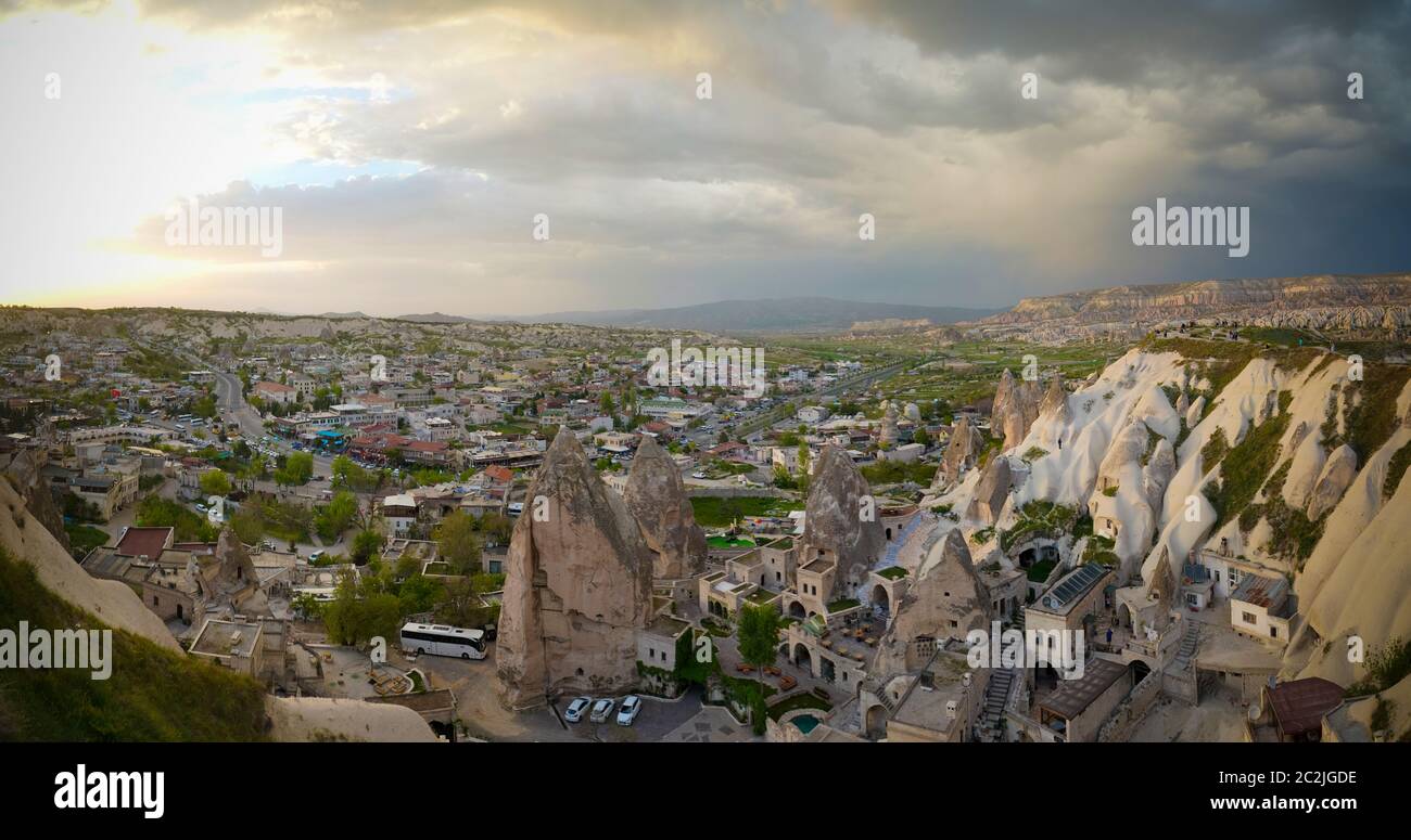 Sunset panoramic view to Goreme city, Cappadocia, Turkey Stock Photo ...