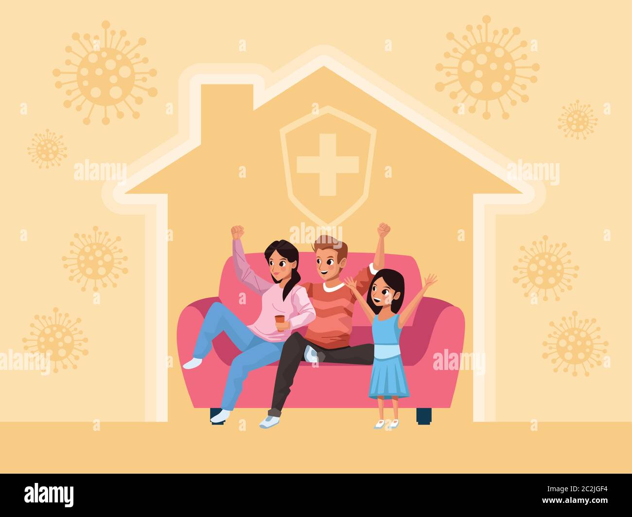 parents couple and daughter Stay at Home family campaign vector ...