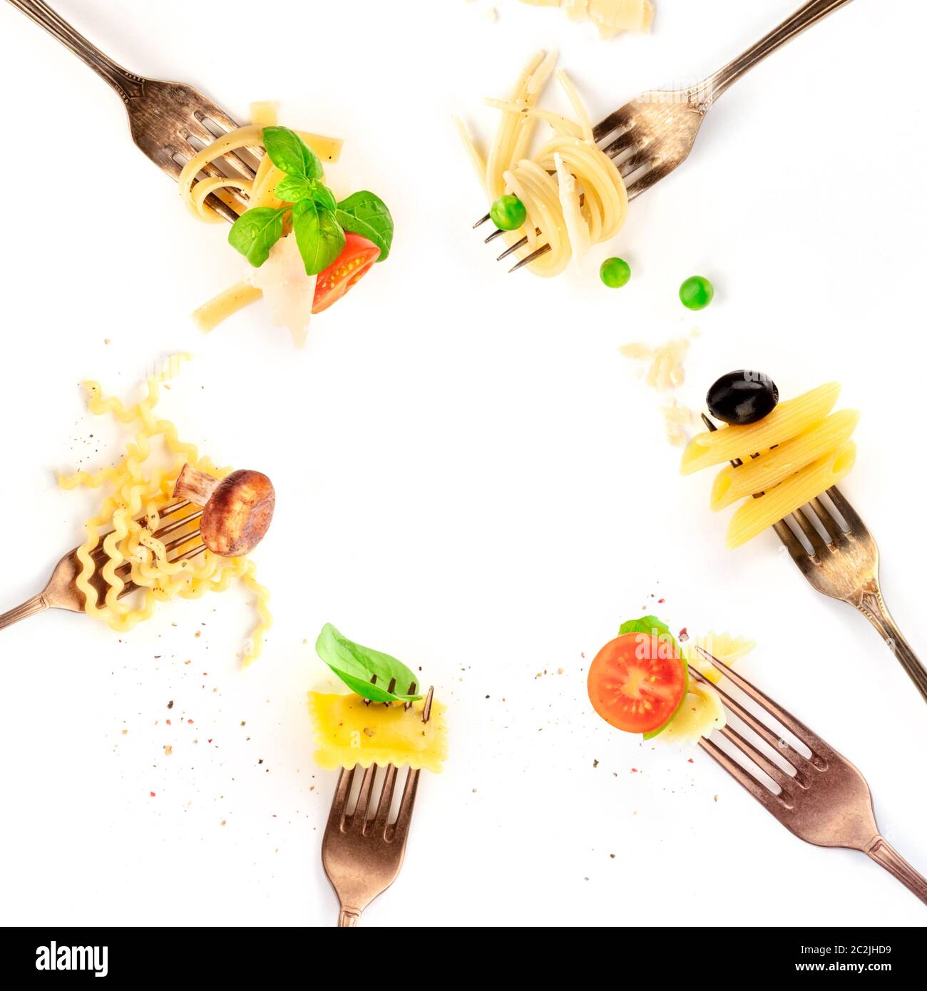 Italian food design, pasta collage. Many forks with pasta and various ...