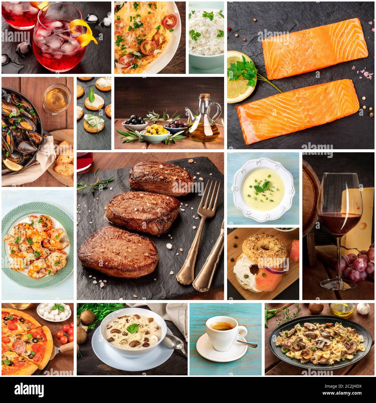 Food Collage. Many photos of tasty dishes, a square design template for ...
