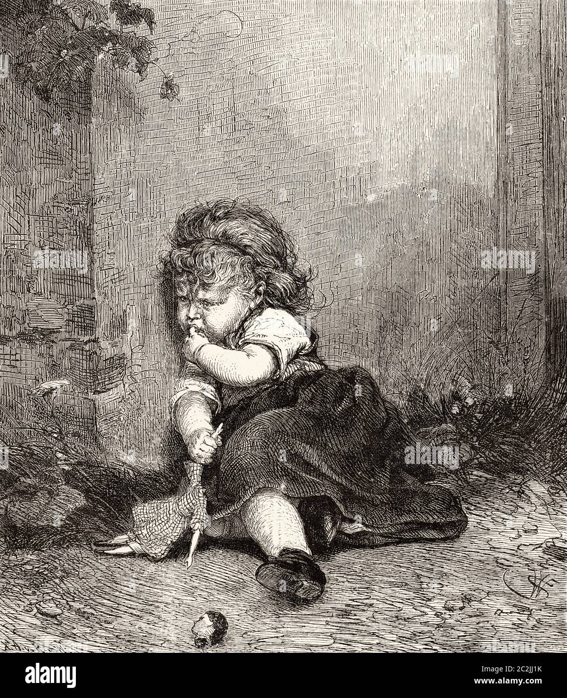 Small 19th century girl angry and sad about her broken toy doll. Old ...
