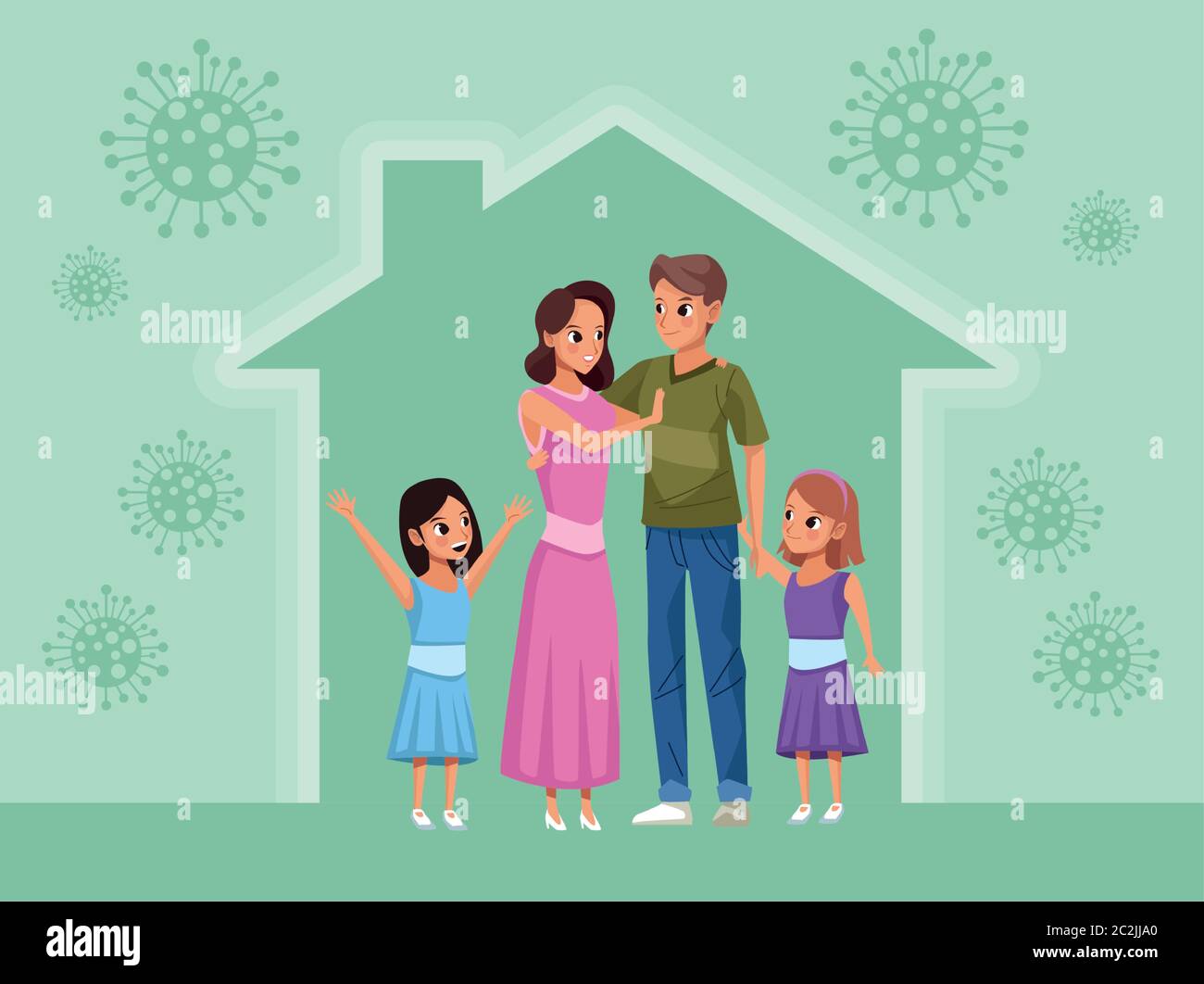 parents couple and daughters Stay at Home family campaign vector ...