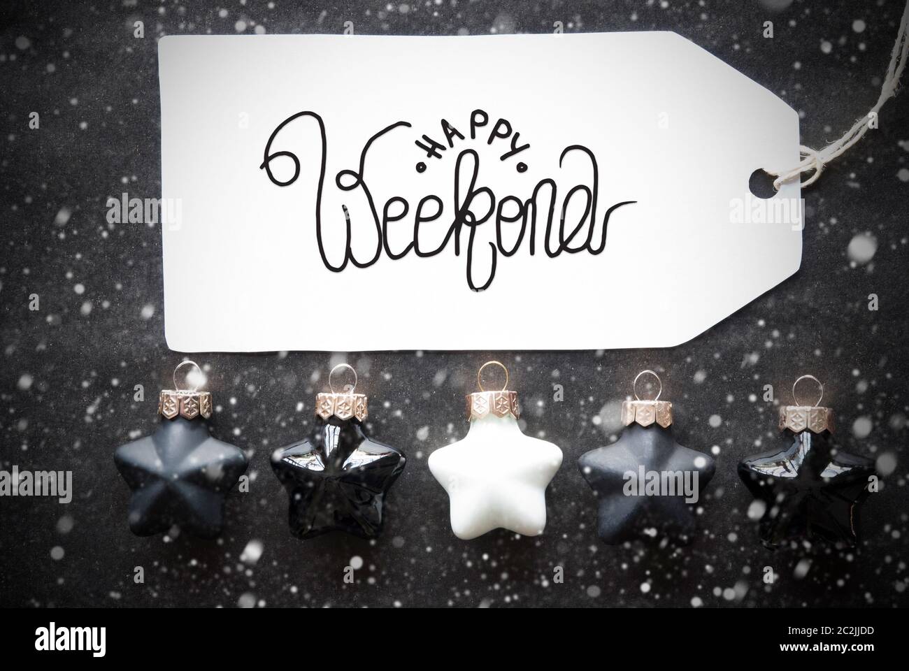 Label With English Calligraphy Happy Weekend. Black Christmas Ball ...