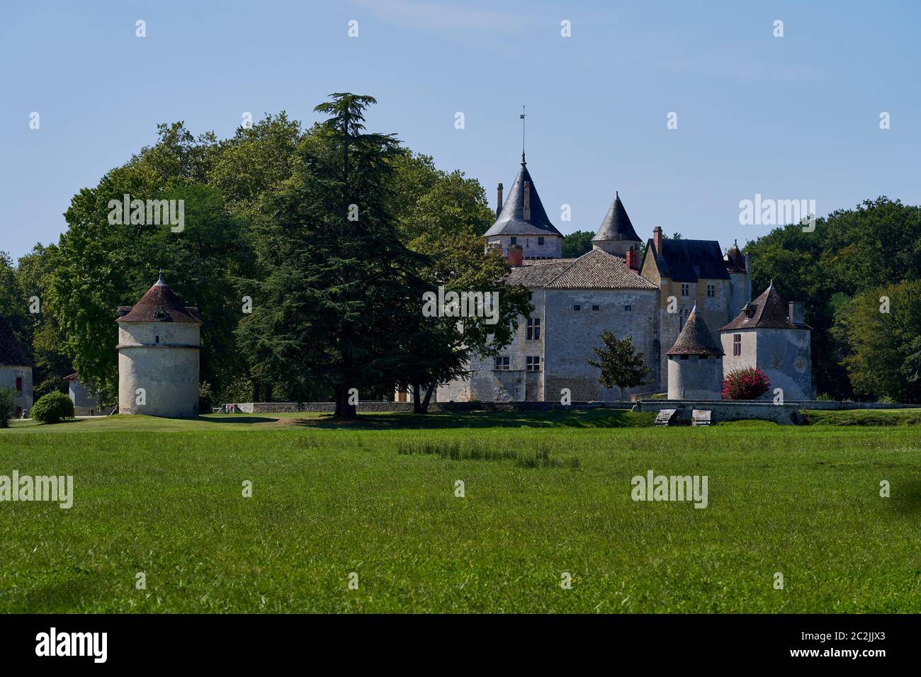 A view across the grounds to Brede castle (Chateau de la Brede) in the ...