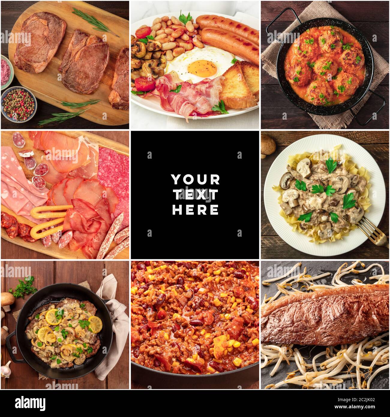 Food Collage. Meat dishes with a place for text and logo, a square ...