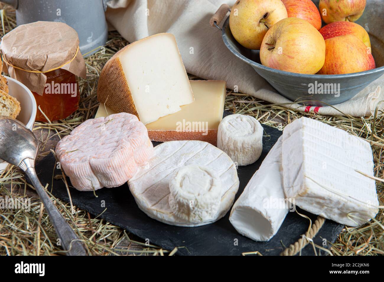 some different delicious French cheeses, dairy product Stock Photo - Alamy