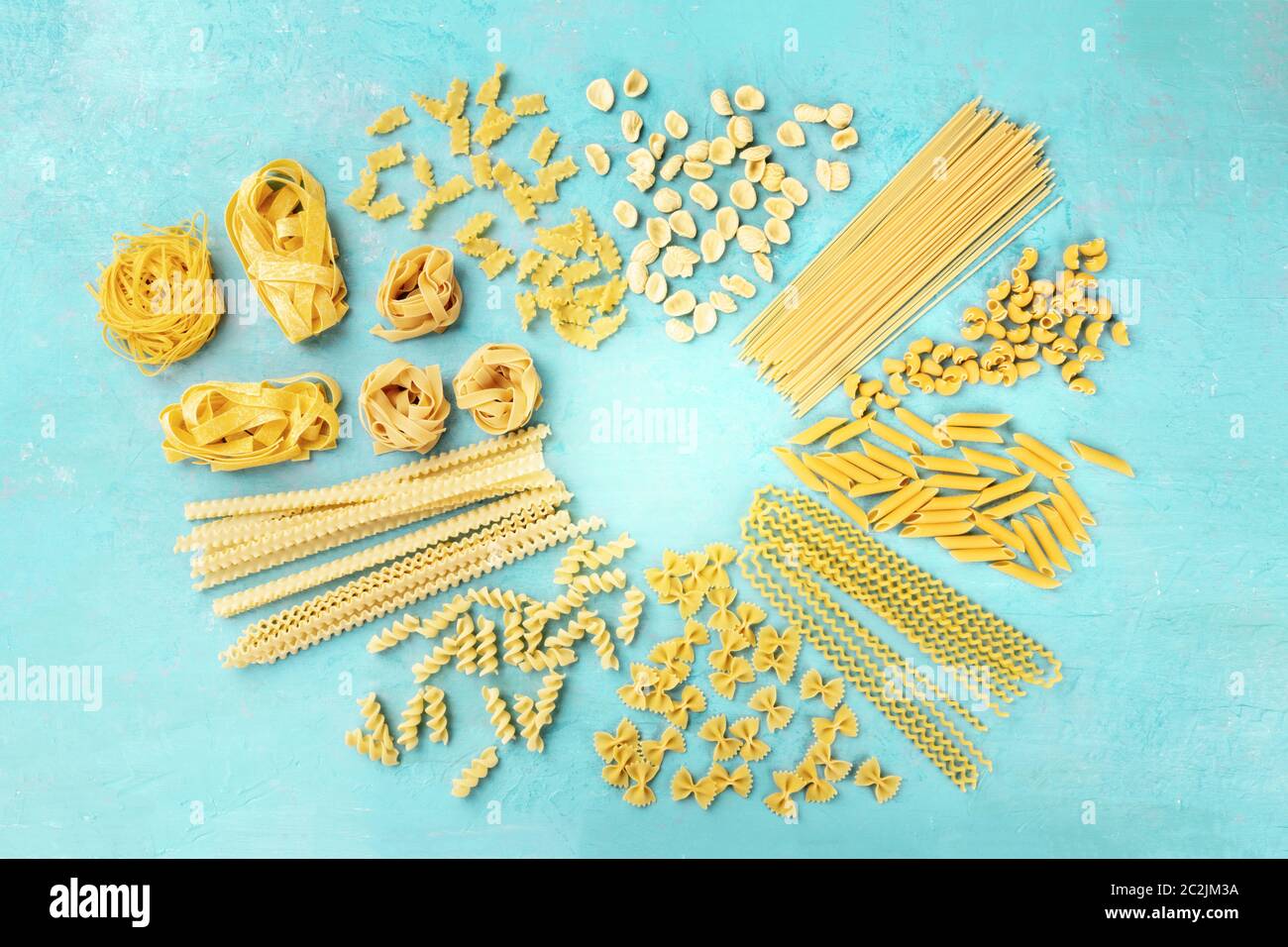 Italian pasta, flat lay banner with copy space, shot from the top on a ...