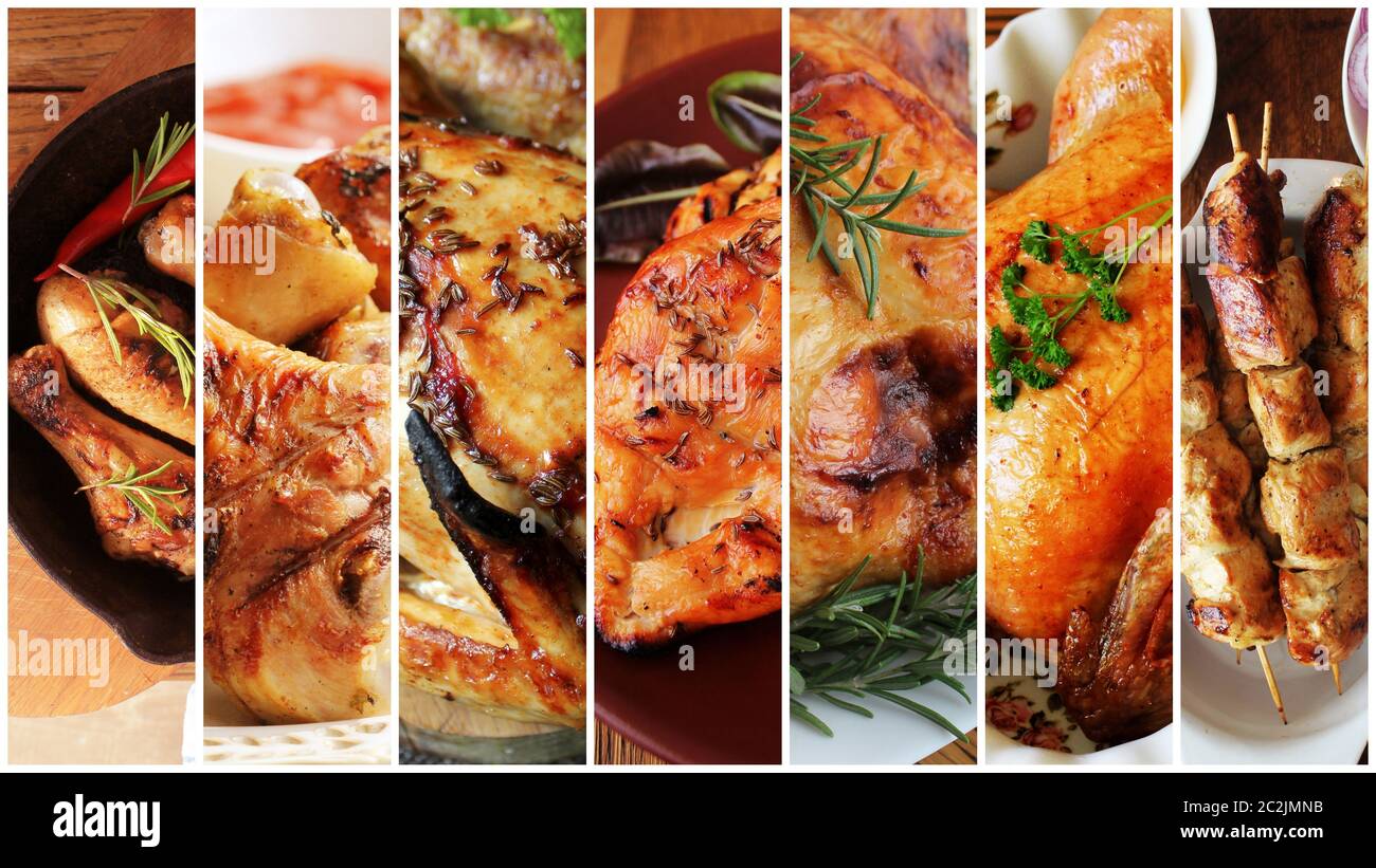 Collage of chicken meals . Set from various kinds of restaurant menu ...