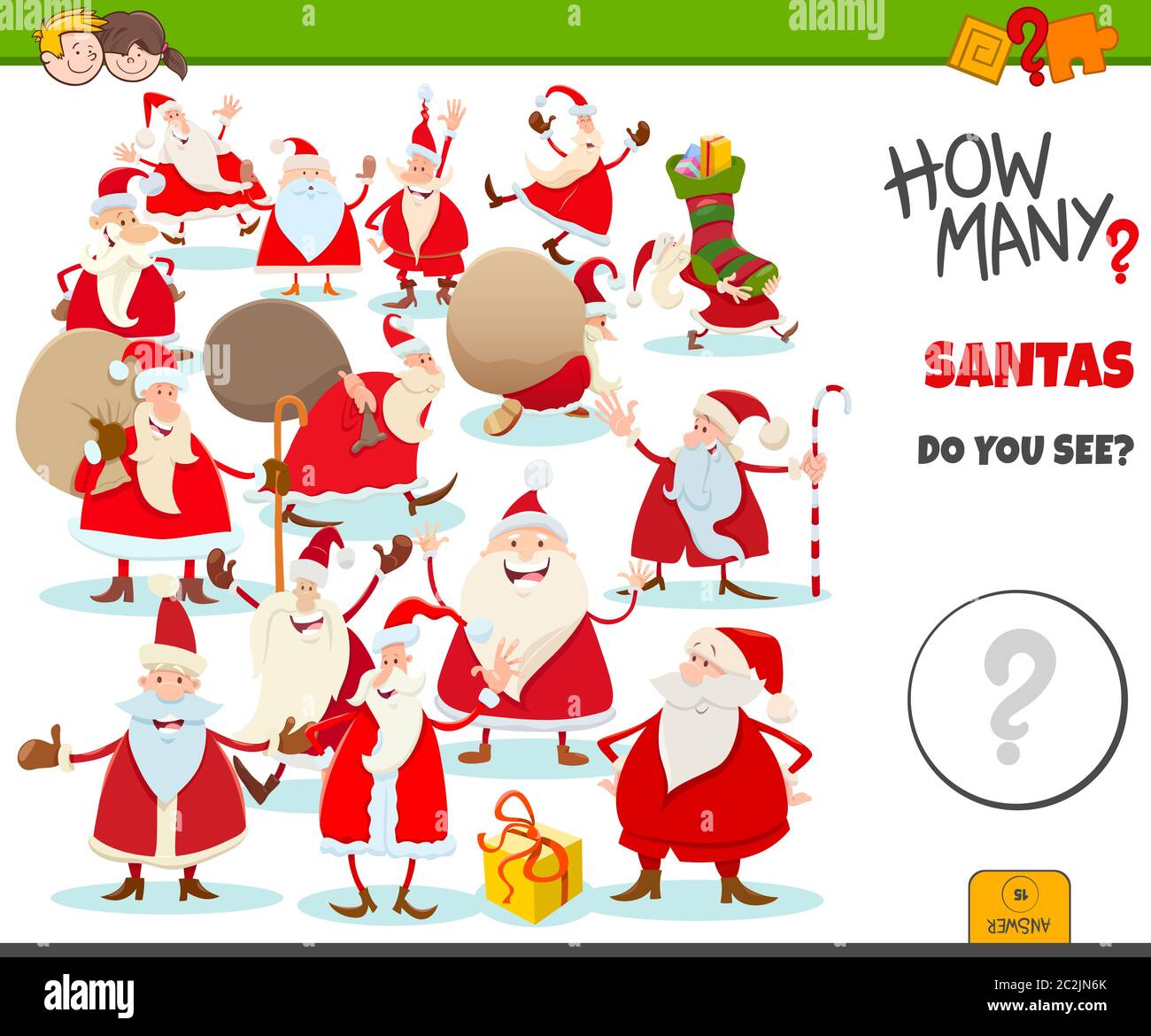how many Santa Claus characters task for kids Stock Photo - Alamy