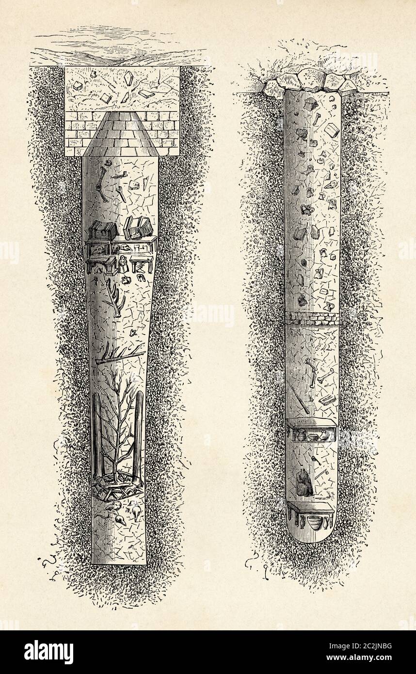Gallo-Roman funeral pit, Italy, Ancient Rome. Old 19th century engraved ...