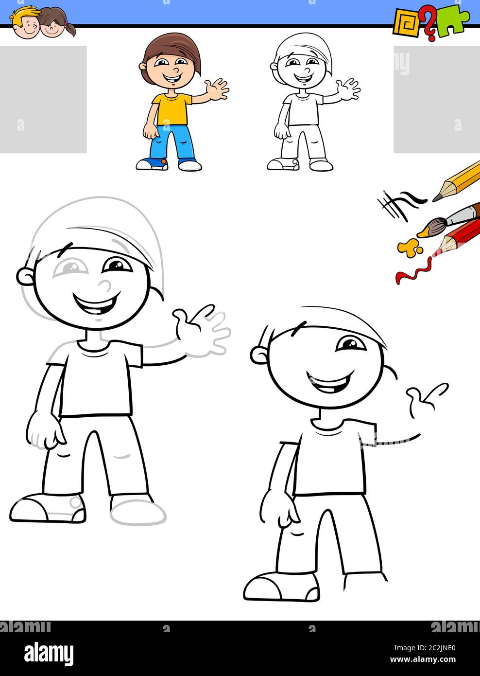 drawing and coloring worksheet with happy boy Stock Photo - Alamy