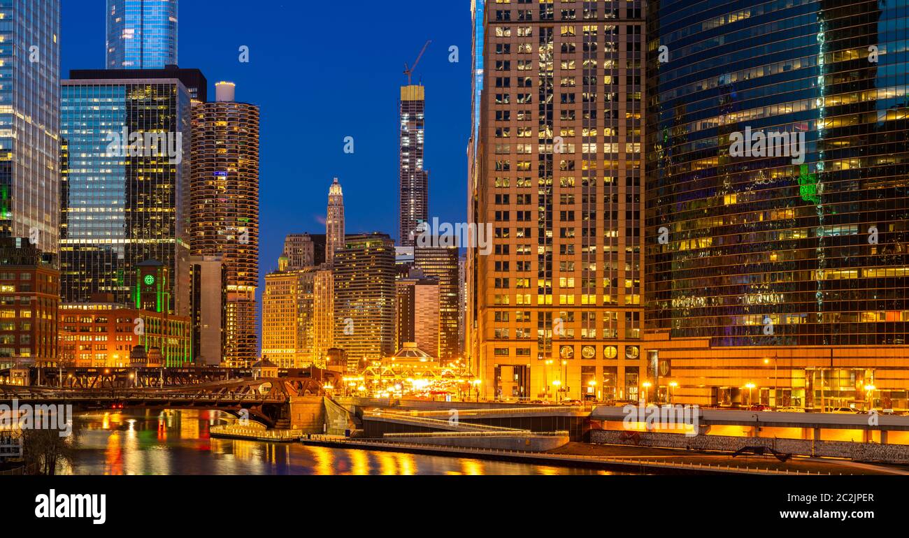 Chicago downtown night sunset panorama Stock Photo - Alamy