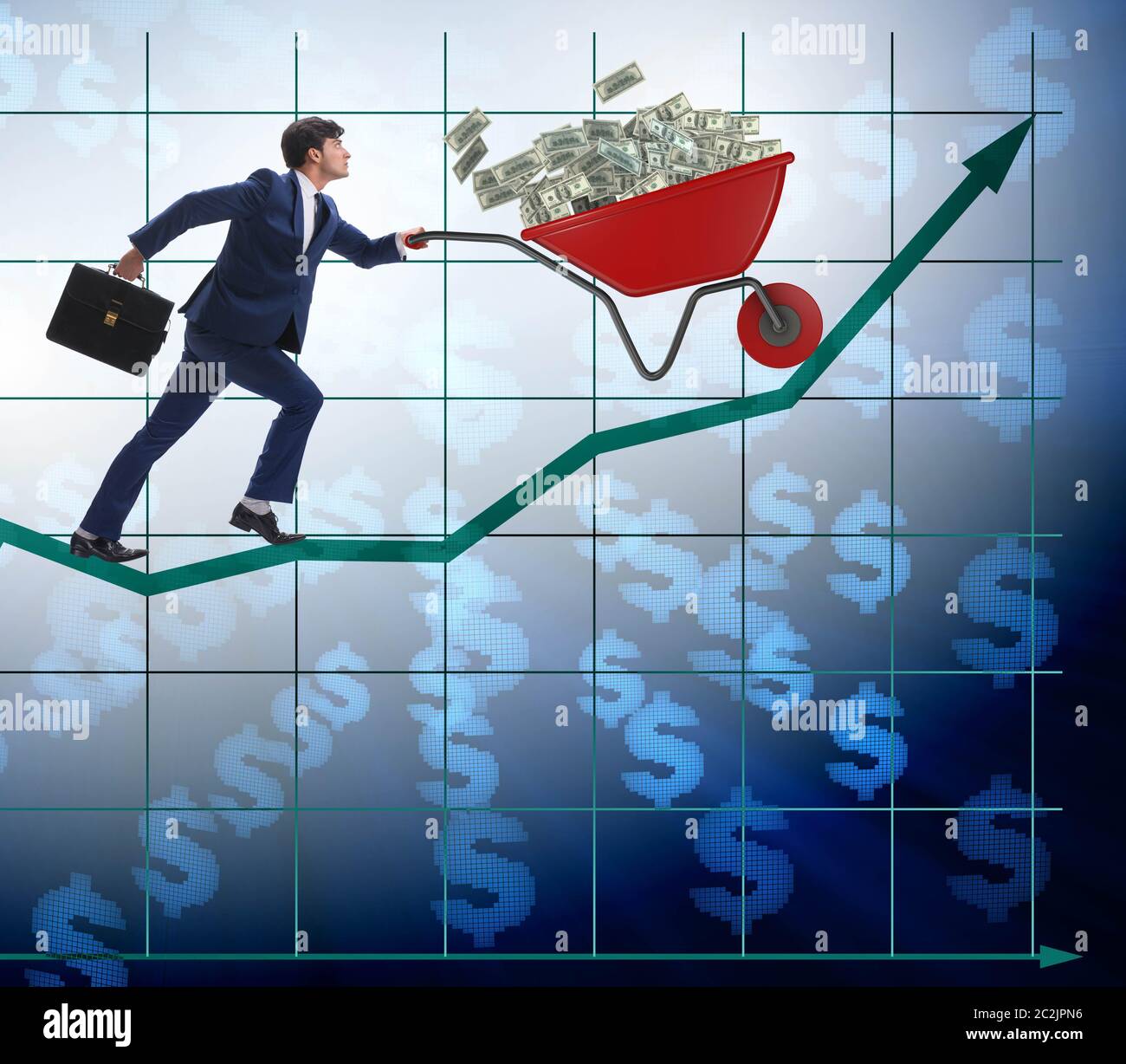 The businessman pushing wheelbarrow full of dollar money Stock Photo ...