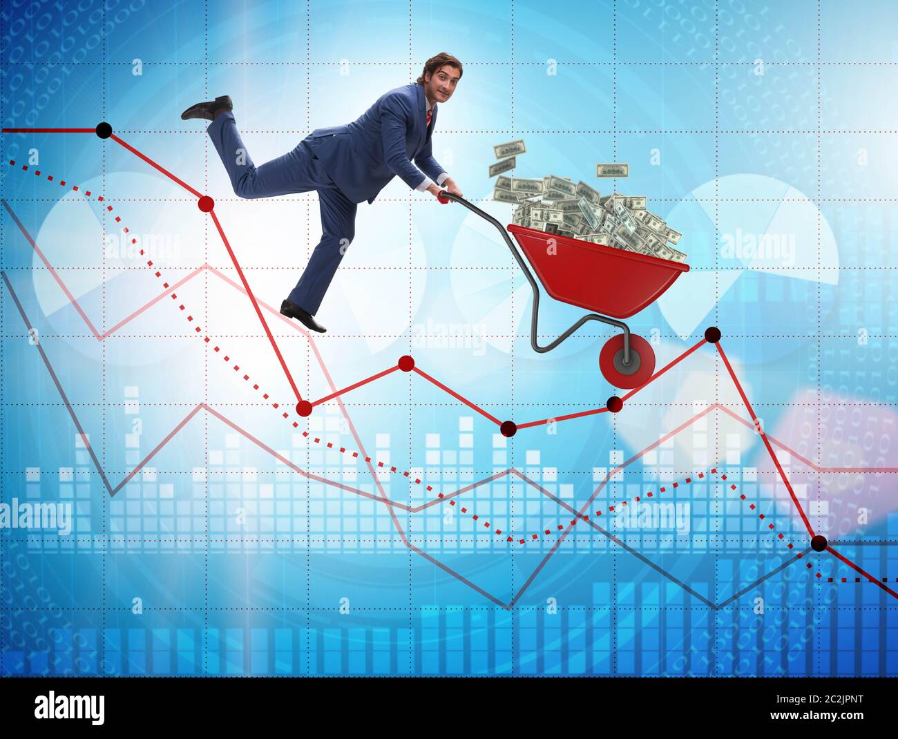 The businessman pushing money wheelbarrow down the chart Stock Photo ...