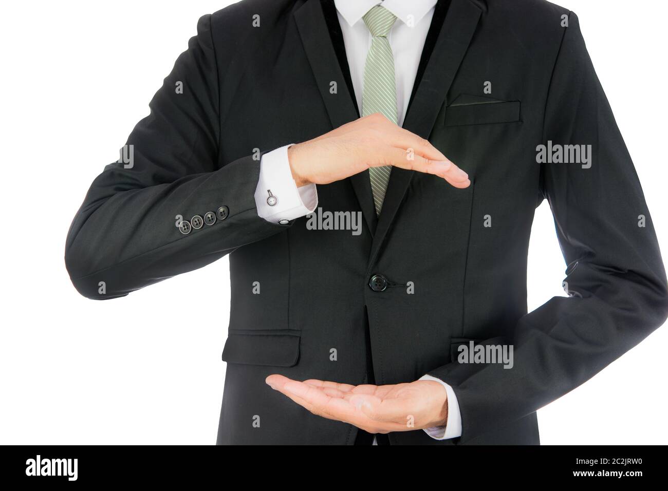 Businessman standing posture show hand isolated on over white ...