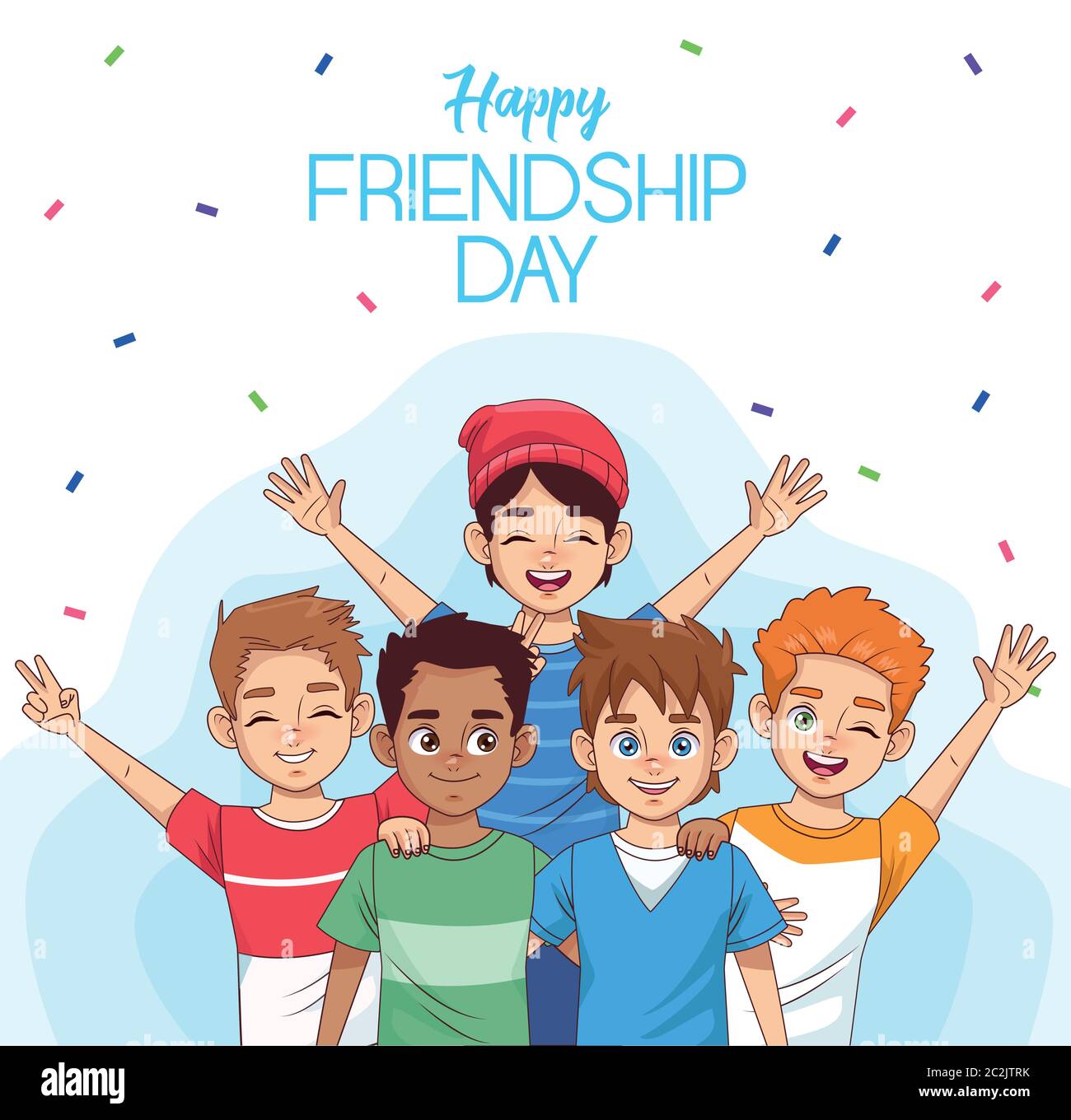 happy friendship day celebration with group of kids and confetti vector ...