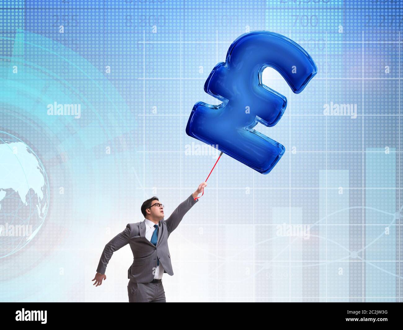 The businessman flying on british pound sign inflatable balloon Stock ...