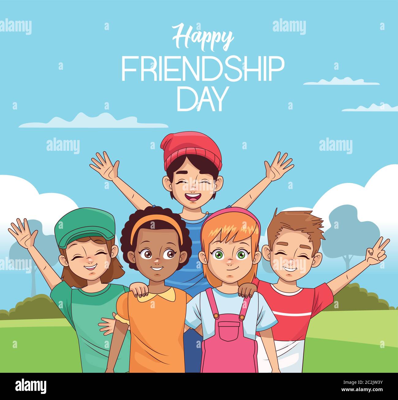 happy friendship day celebration with group of kids in the park vector ...