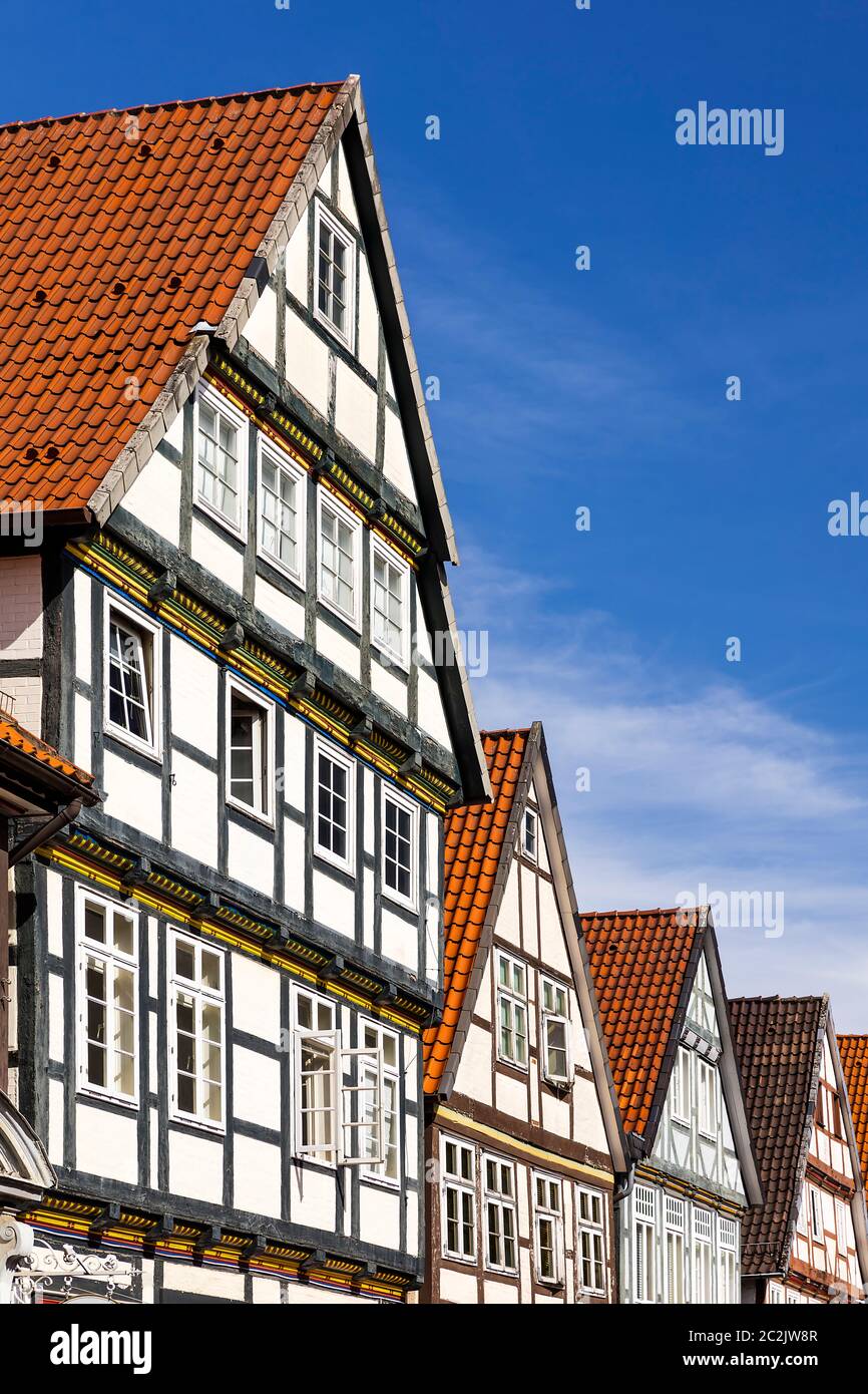 Half-timbered gable with wooden windows of an old half-timbered house ...