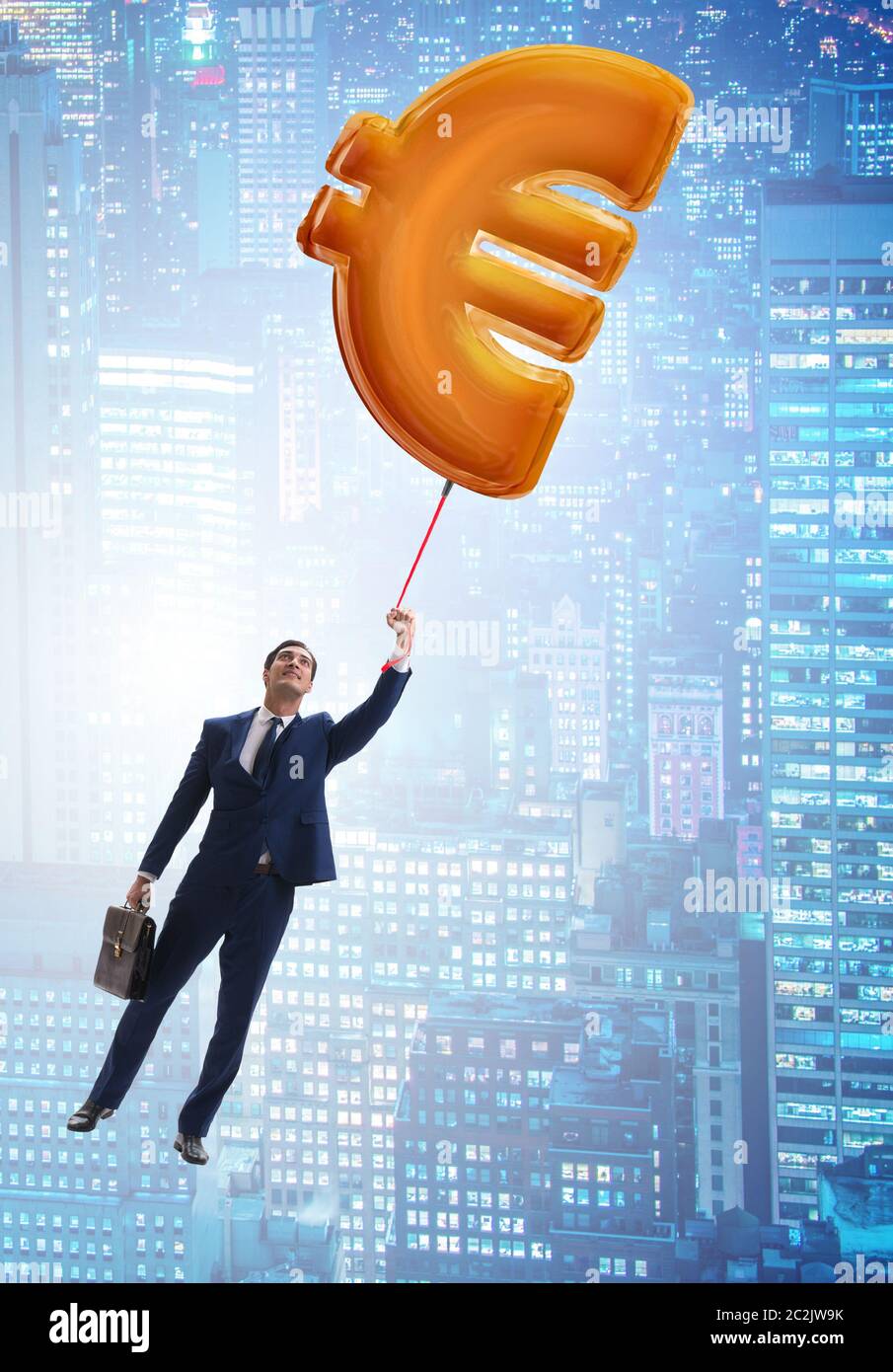 The businessman flying on euro sign inflatable balloon Stock Photo - Alamy