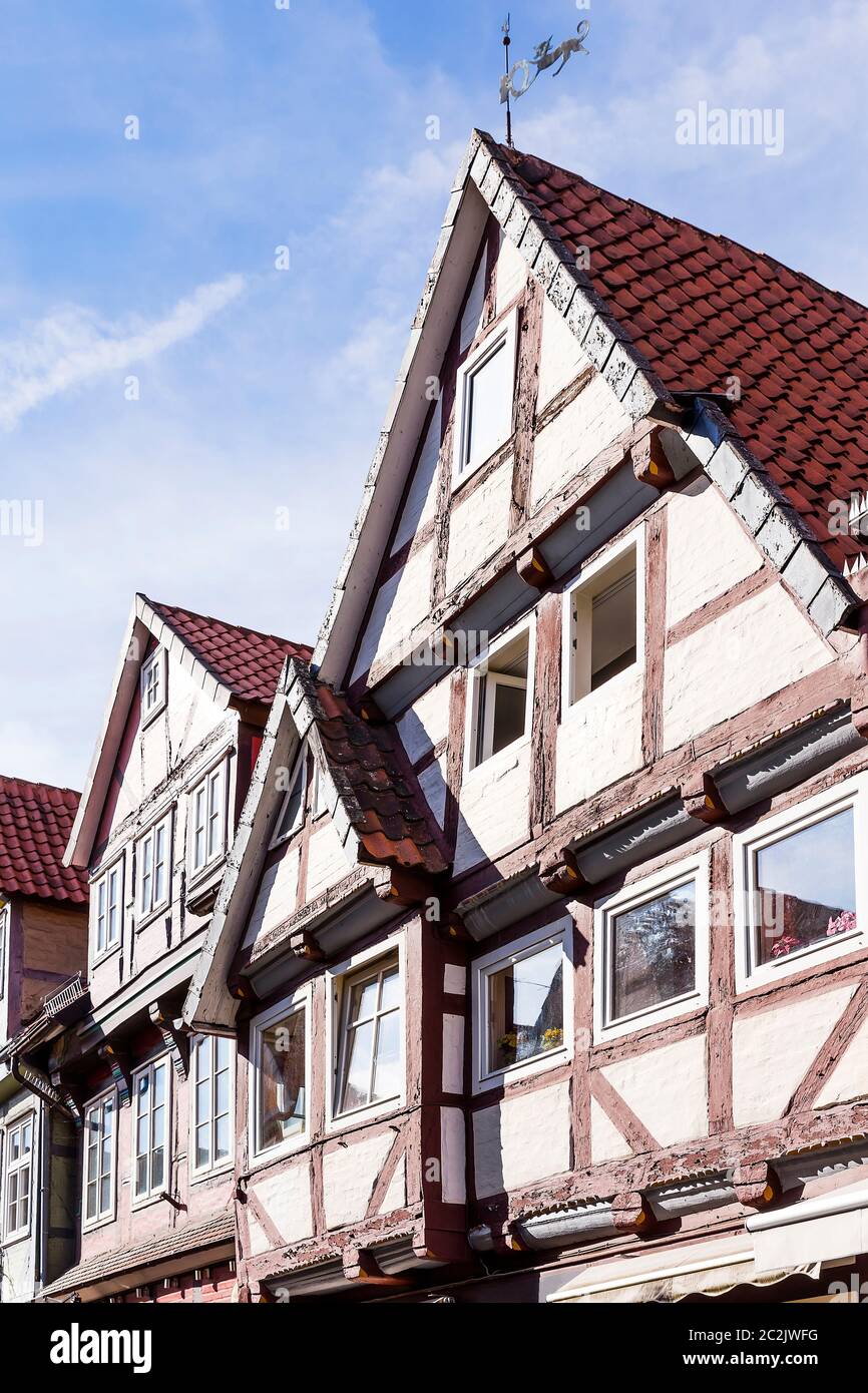 Half-timbered gable with wooden windows of an old half-timbered house ...