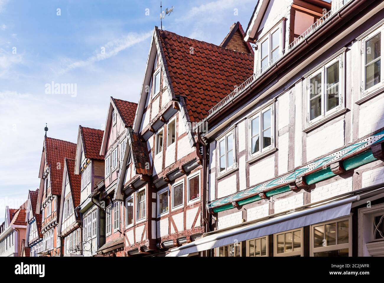 Half-timbered gable with wooden windows of an old half-timbered house ...
