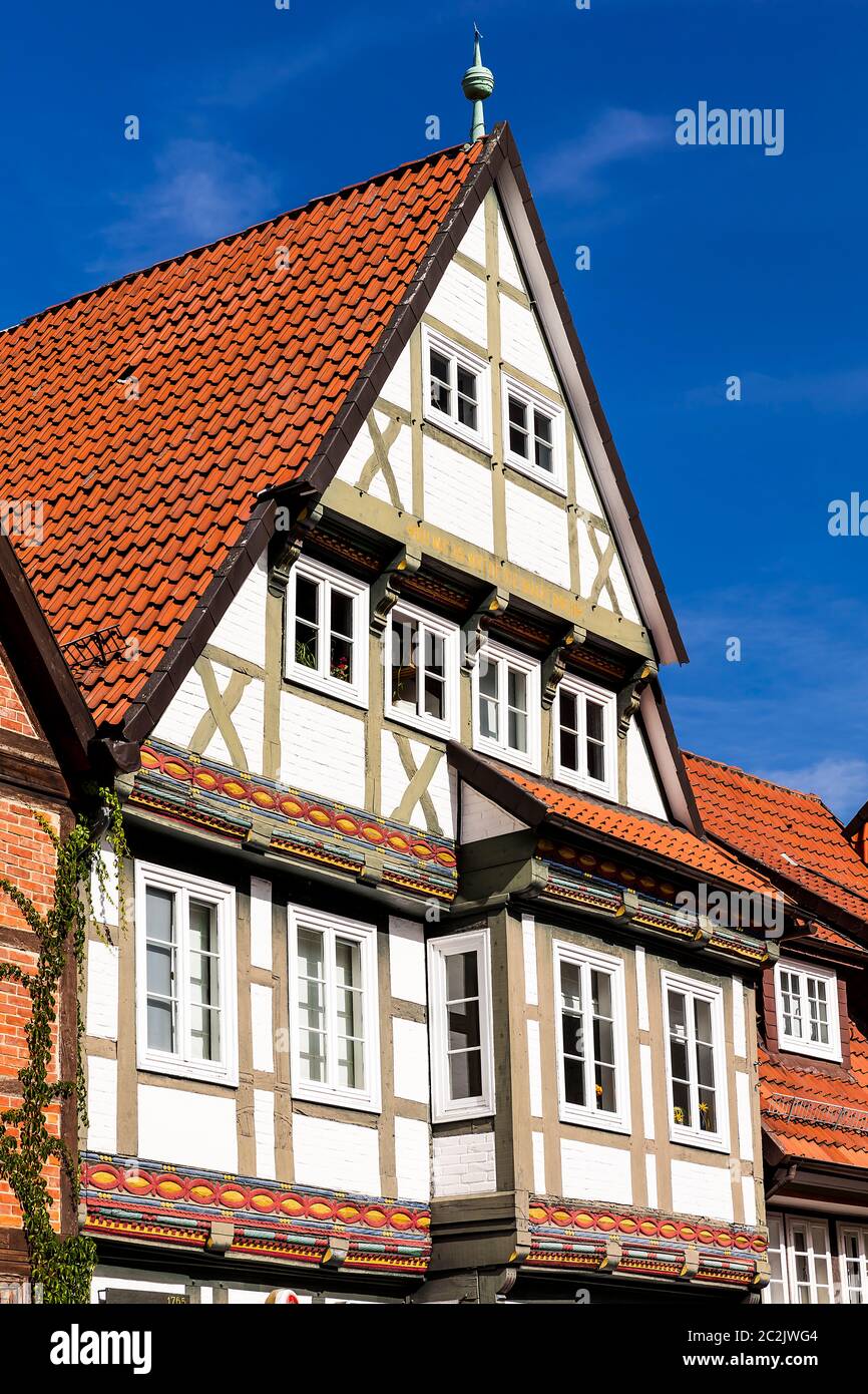 Half-timbered gable with wooden windows of an old half-timbered house ...