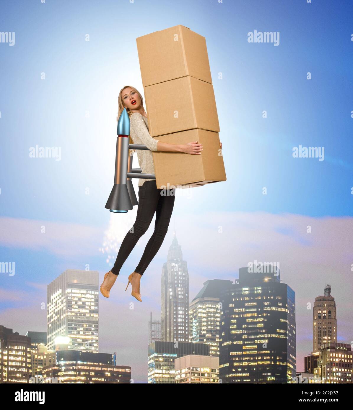 Woman in fast box delivery service on rocket hi-res stock photography ...