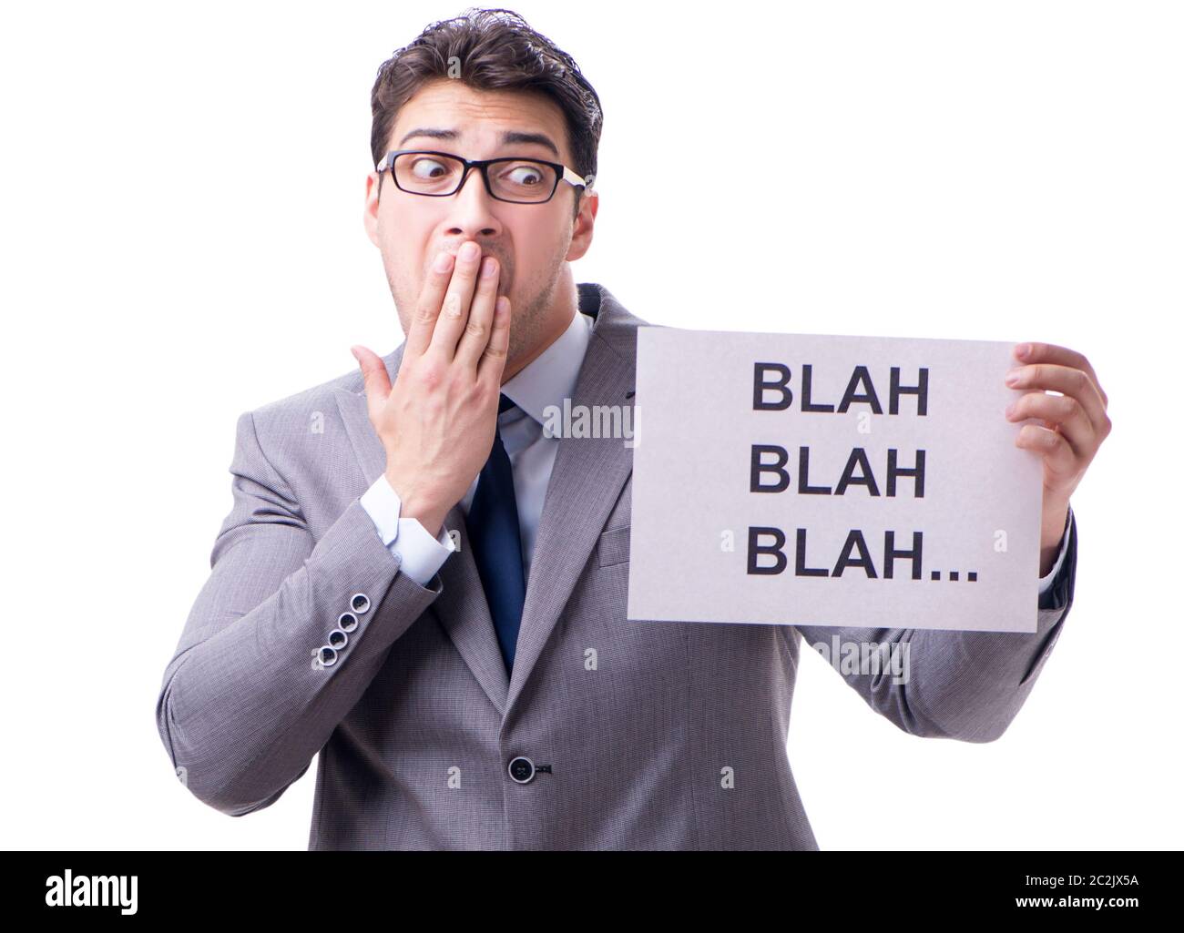 Businessman telling lies isolated on white background Stock Photo - Alamy
