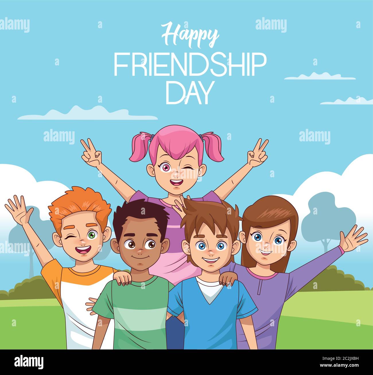 happy friendship day celebration with group of kids in the park vector ...