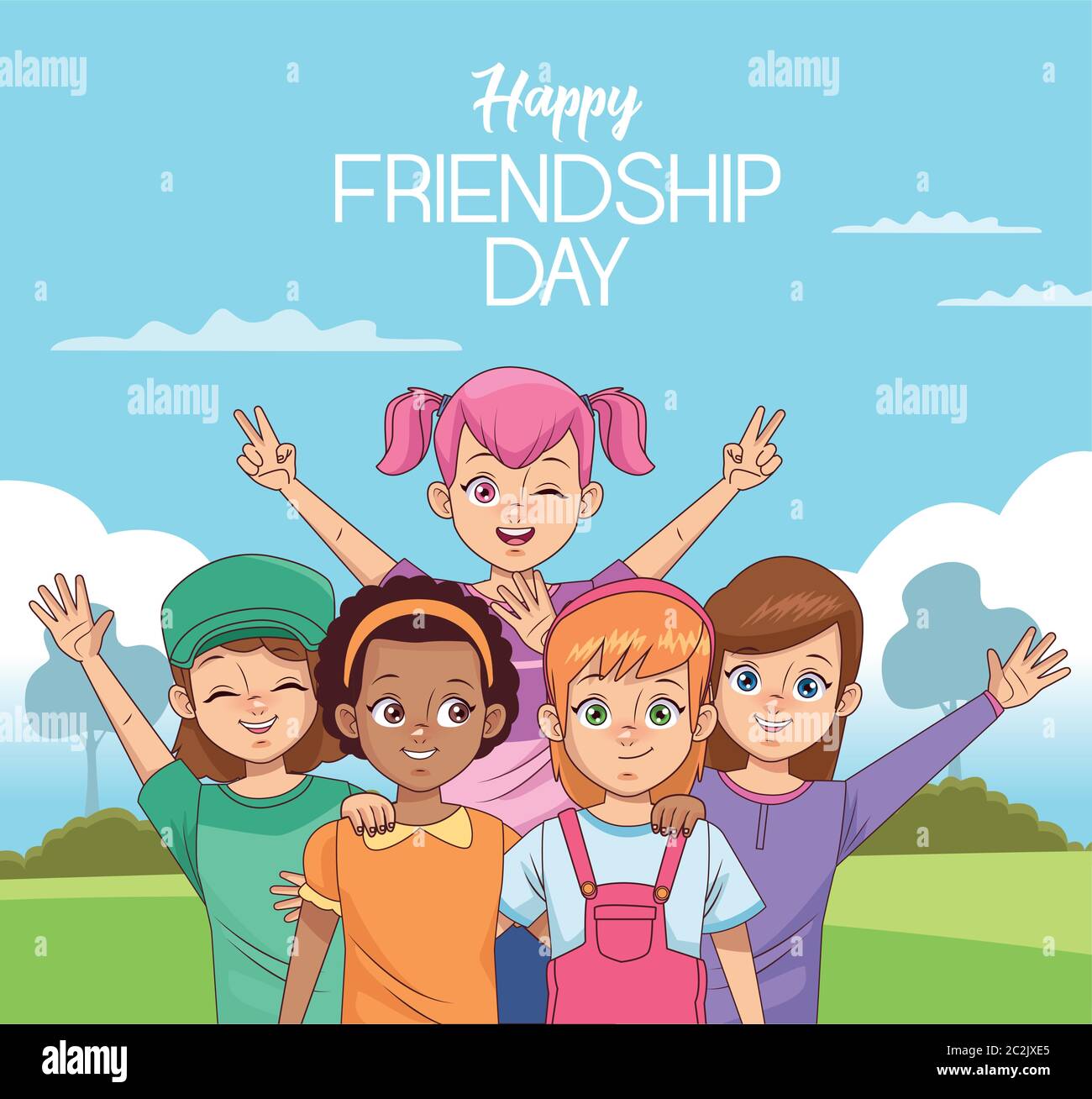 happy friendship day celebration with group of kids in the park vector ...