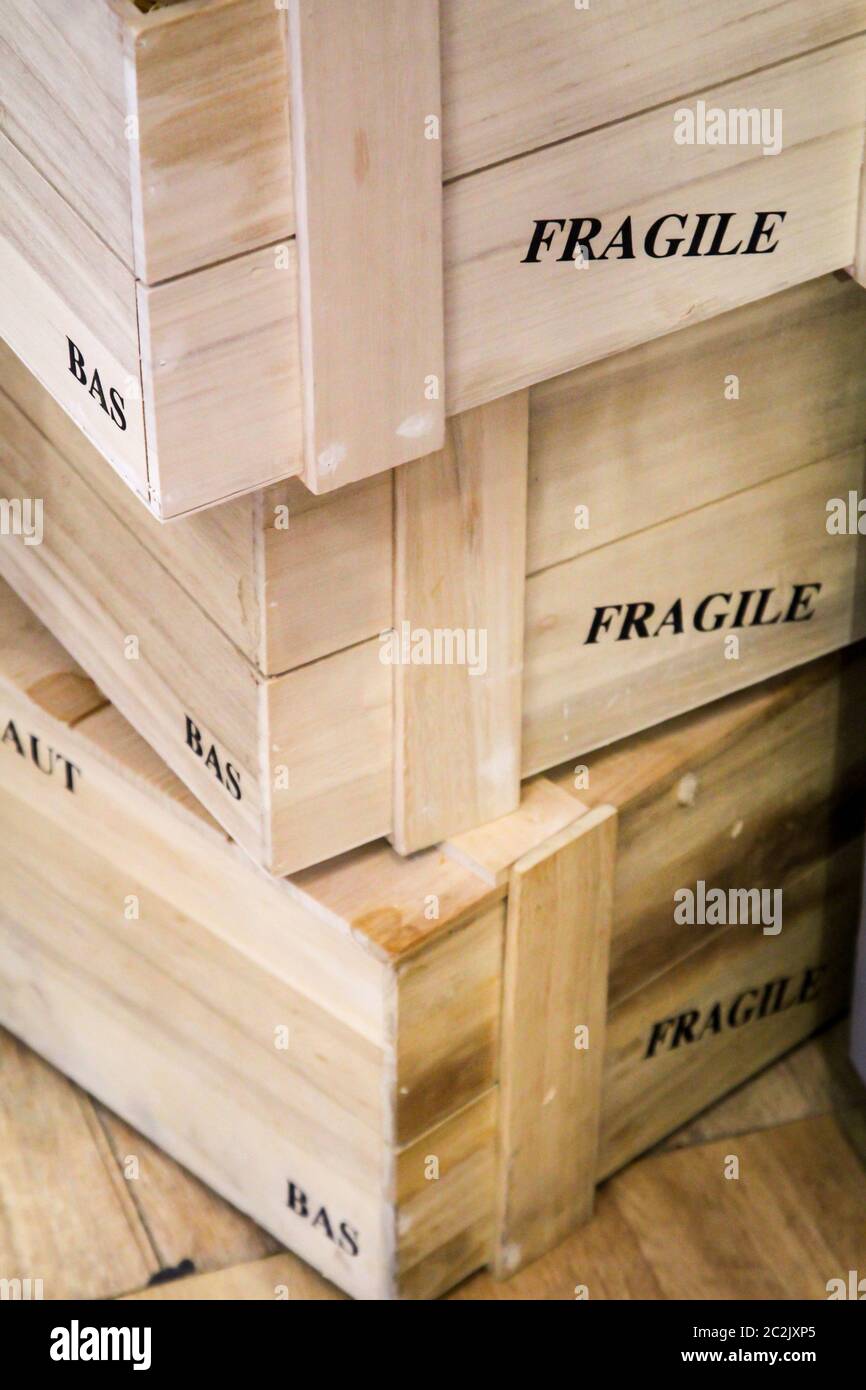 Wooden boxes for fragile things, Fragile Stock Photo - Alamy