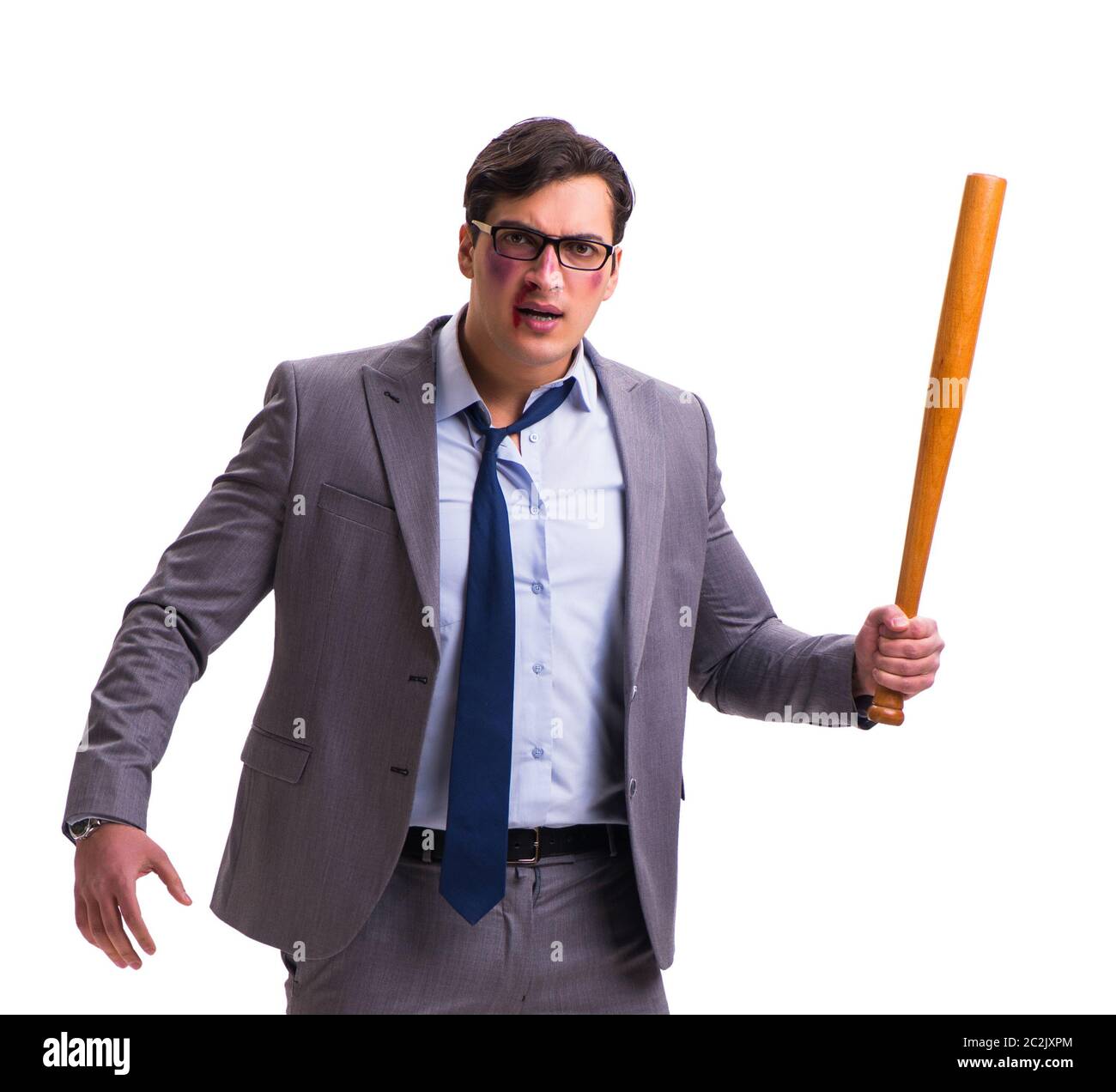 Businessman with baseball bat isolated on white Stock Photo - Alamy