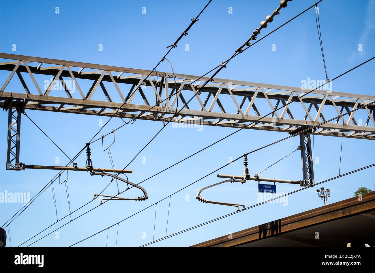 Overhead lines of a railroad track Stock Photo - Alamy