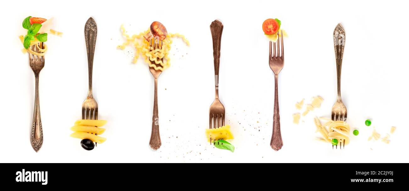 Italian food collage. Pasta design elements. Many forks with pasta and ...