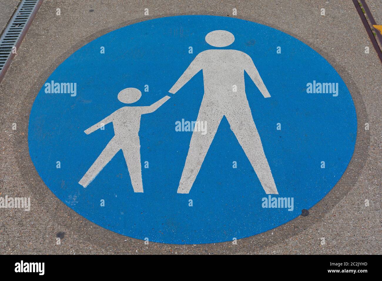 Big Blue Sign for Pedestrian Lane at Pavement Stock Photo - Alamy