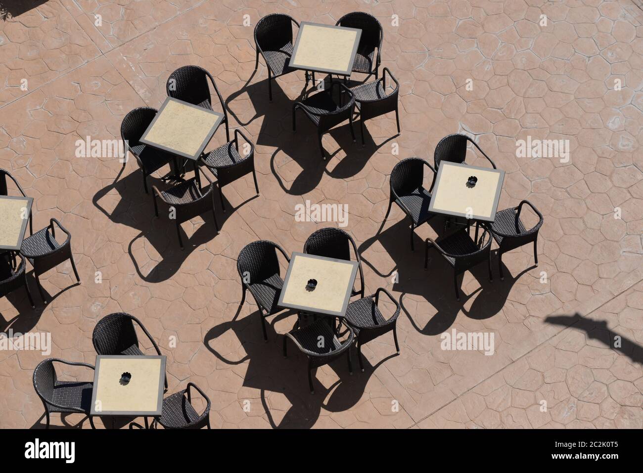 Tables and chairs from above on the Balearic island Mallorca, Spain ...