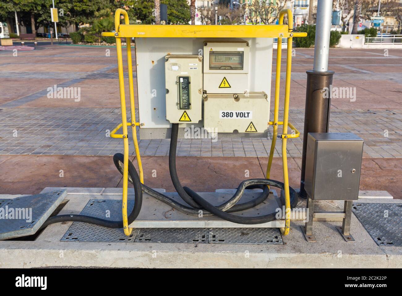 High Voltage Electric Power Distribution Box at Port Dock Stock Photo ...