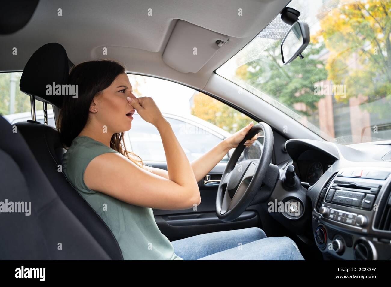 Woman Covering Her Nose From Bad Smell Inside The Car Stock Photo - Alamy