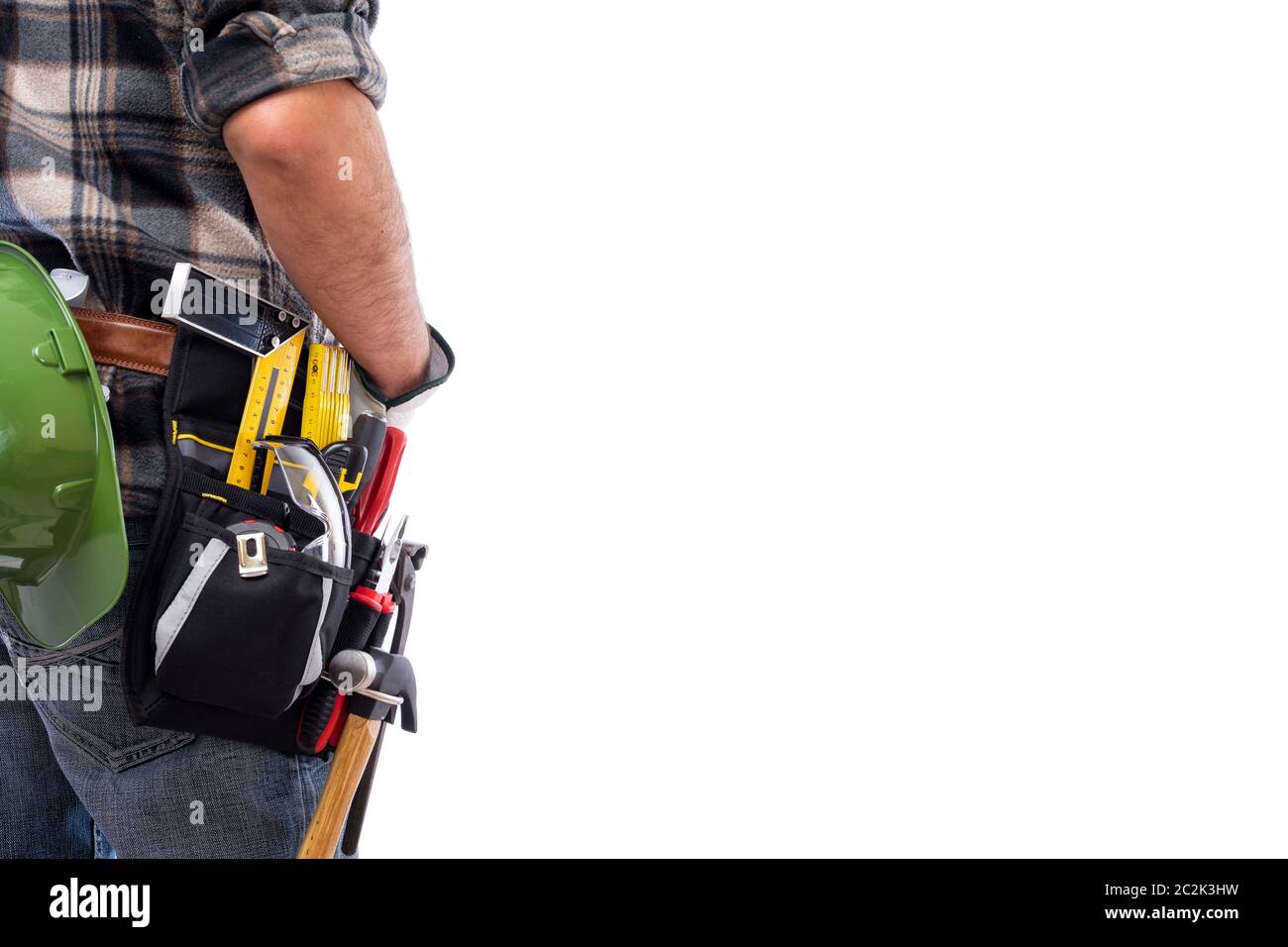 Rear view of a carpenter isolated on a white background, he is wearing ...