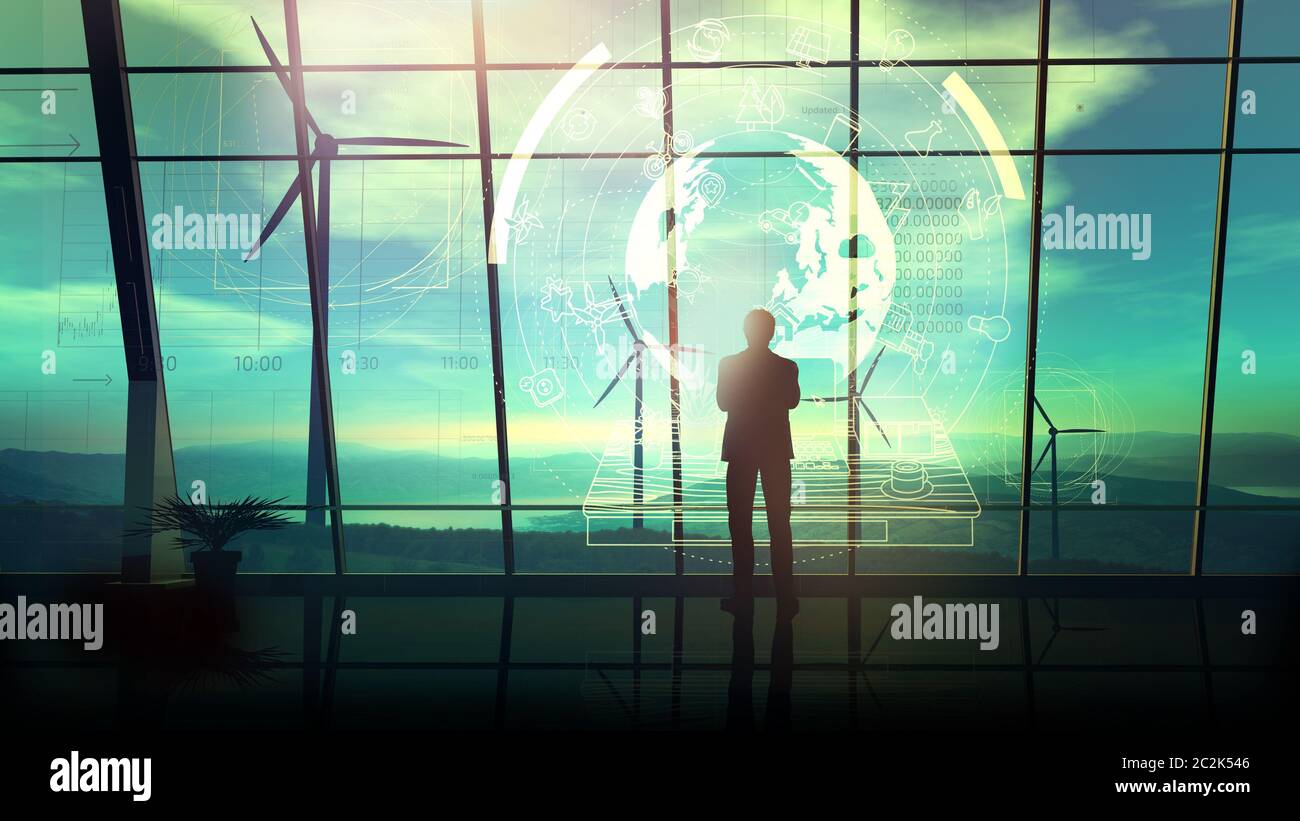Male silhouette on a background of wind farms and virtual infographics ...