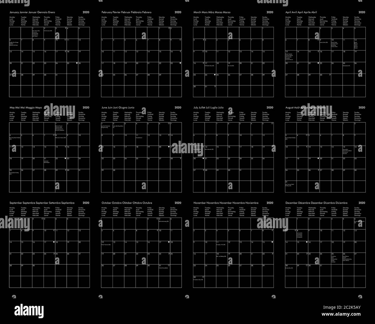 Black 2020 calendar with public holidays and bank holidays for major ...
