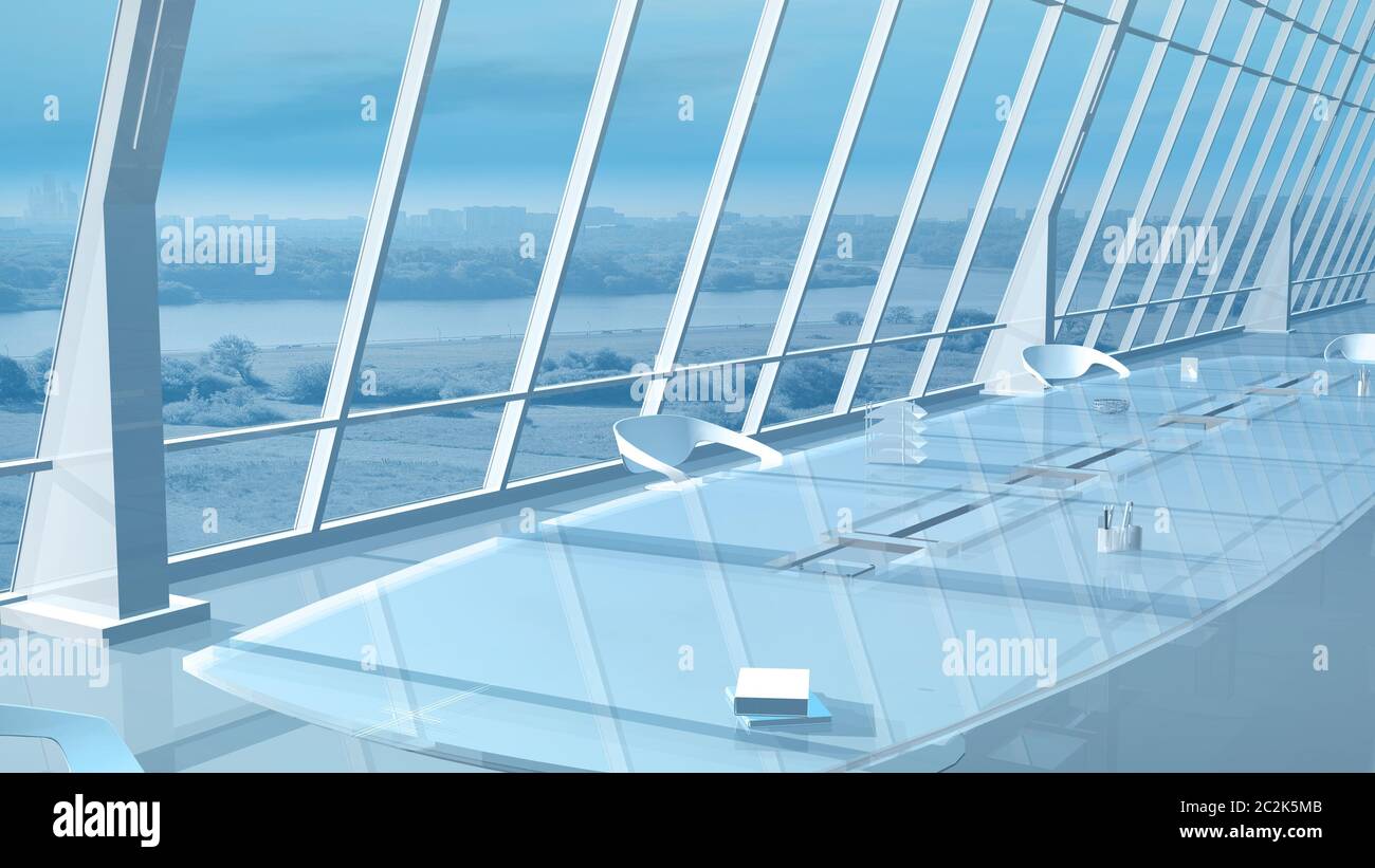 Glass conference table by the panoramic win-dow overlooking the ...