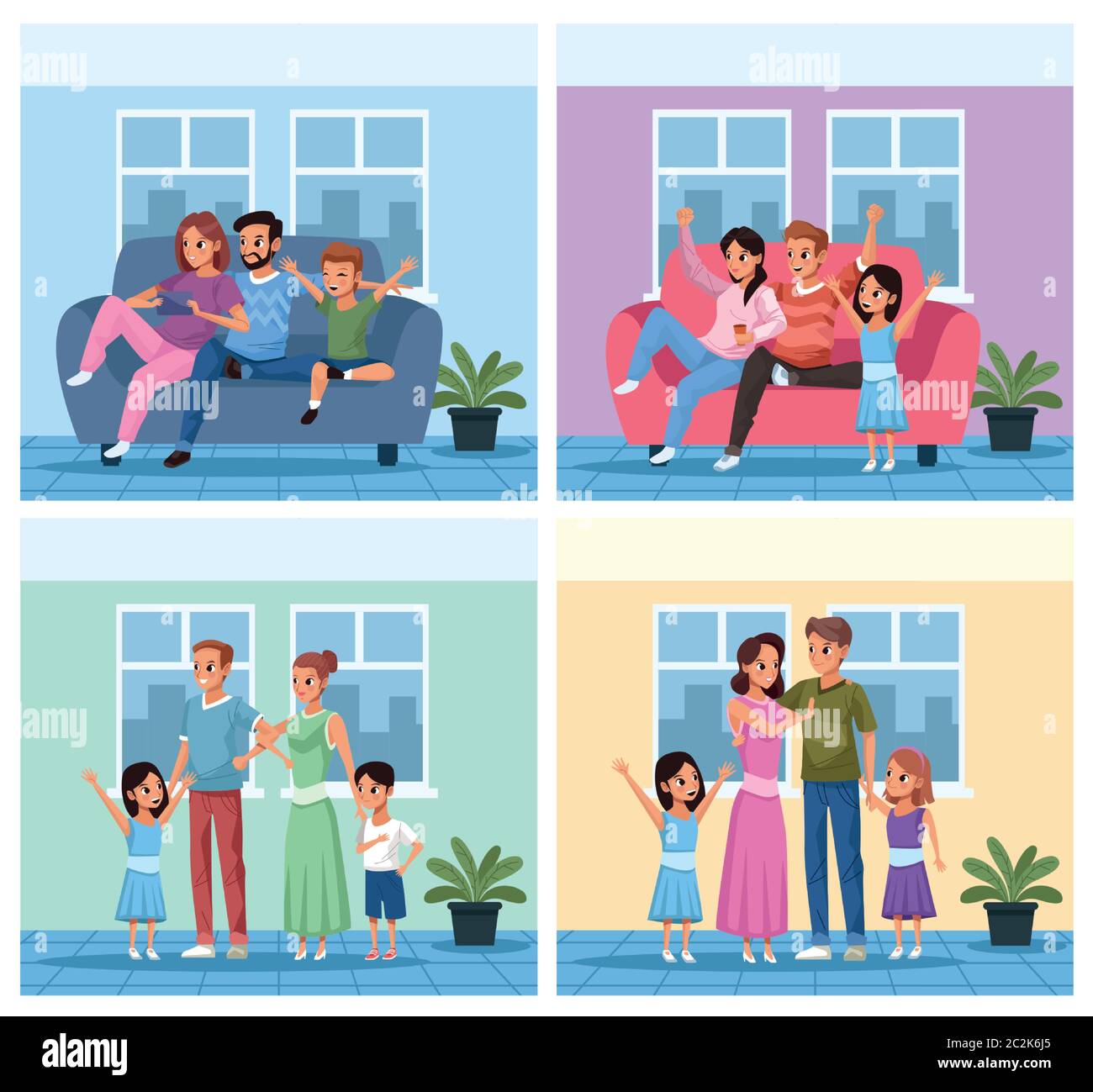 group of family members Stay at Home campaign vector illustration ...