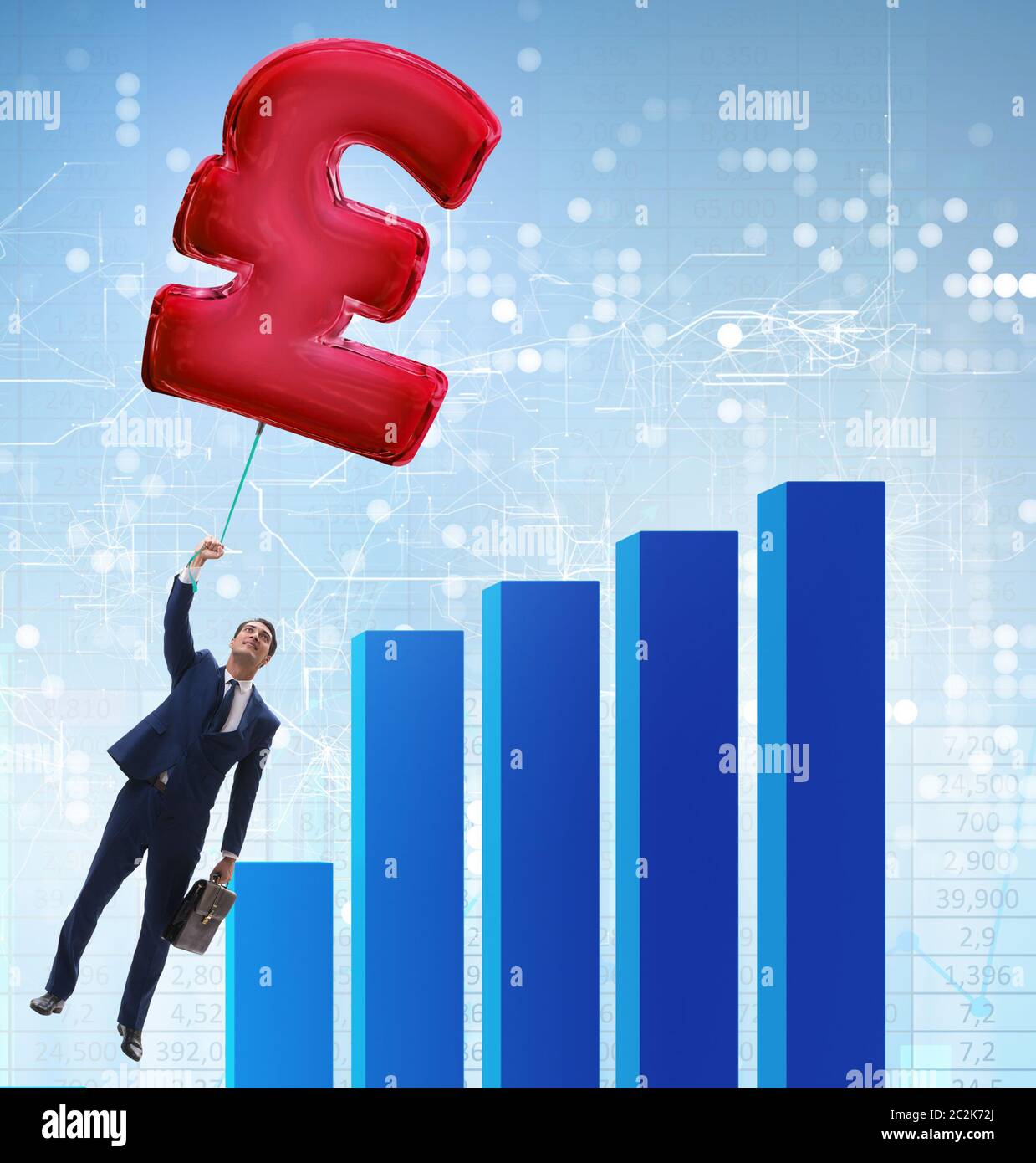 Businessman flying on british pound sign inflatable balloon Stock Photo ...