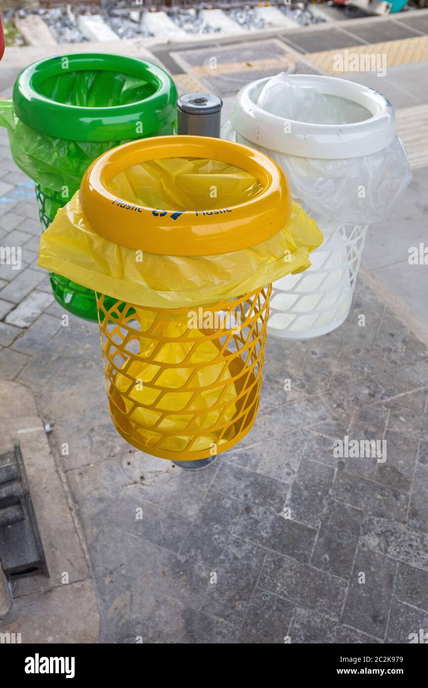 Three Recyclng and Sorting Bins Trash Bags Stock Photo - Alamy