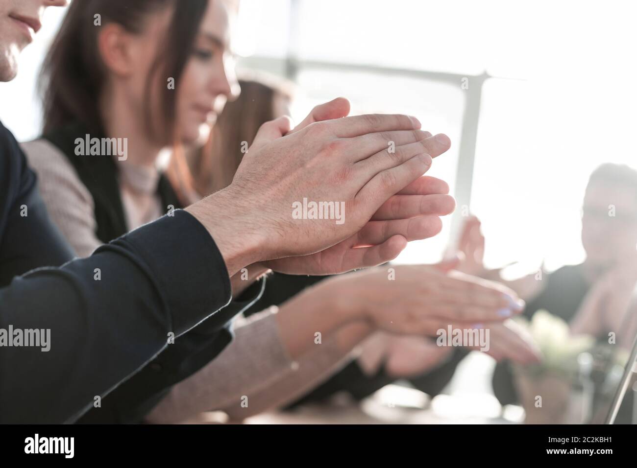 Business people clapping and applause at meeting or conference, close ...