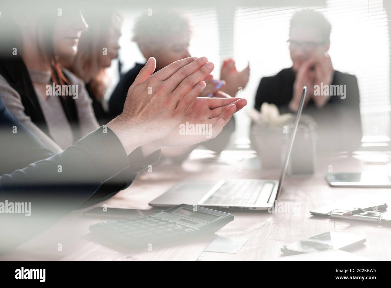 Business people clapping and applause at meeting or conference, close ...