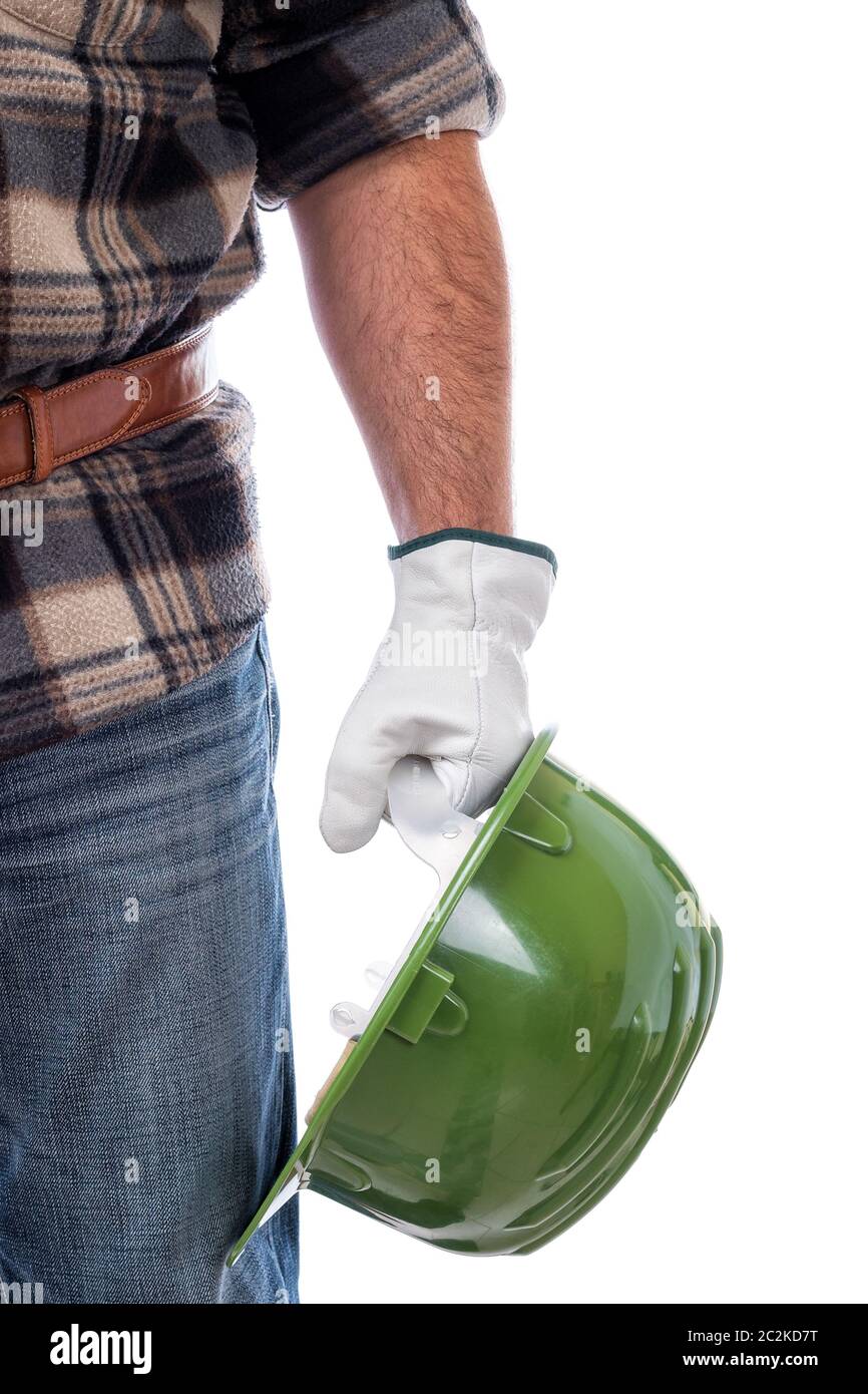 Carpenter isolated on white background, he wears leather work gloves ...
